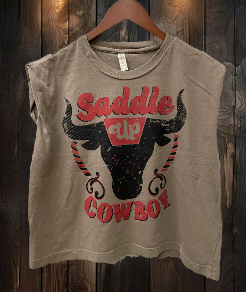 Saddle Up Cowboy Boxy Midriff Muscle top – Country Deep