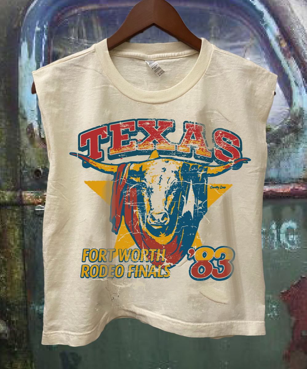 Texas Fort Worth 1983 Rodeo Finals Boxy Midriff Muscle top – Country Deep